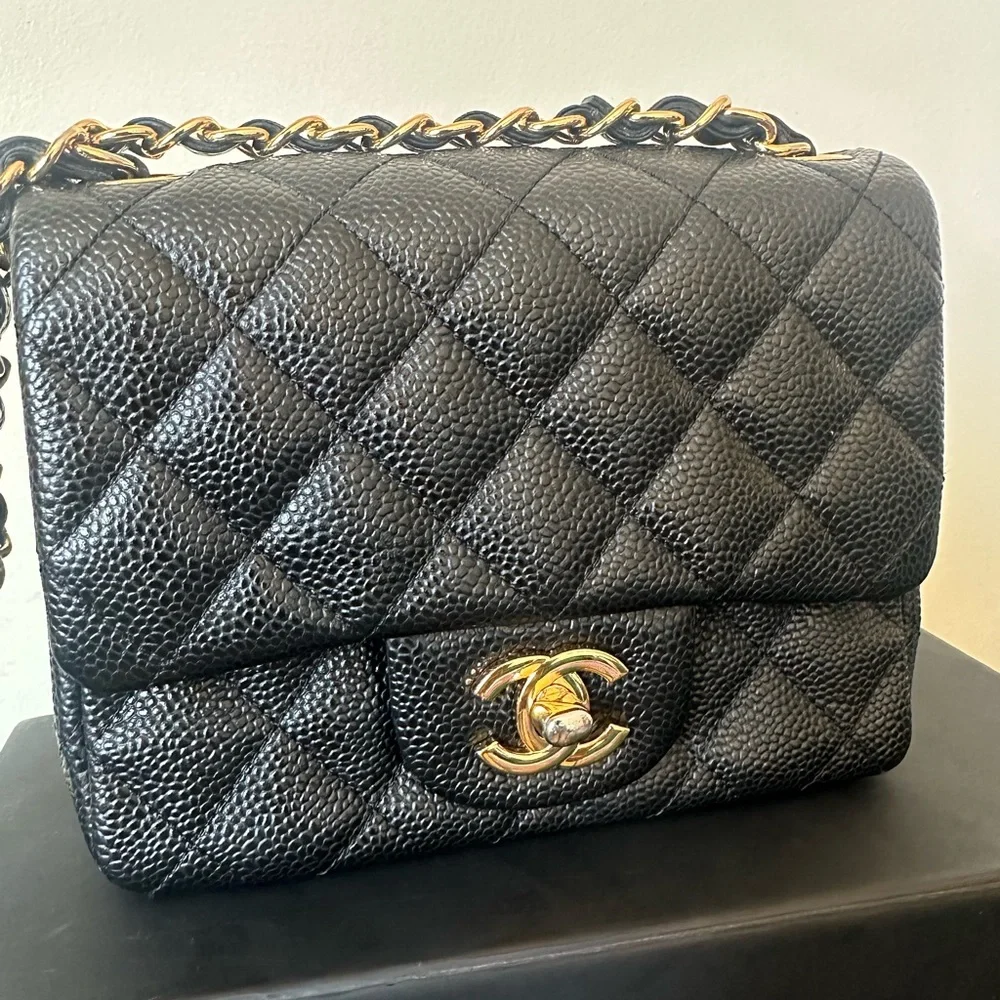 CHANEL | Bags | Chanel Black Quilted Caviar Leather Mini Flap With Gold ...